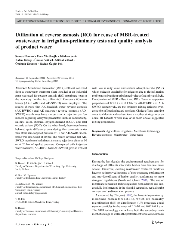 (PDF) Utilization of reverse osmosis (RO) for reuse of MBR-treated wastewater in irrigation ...