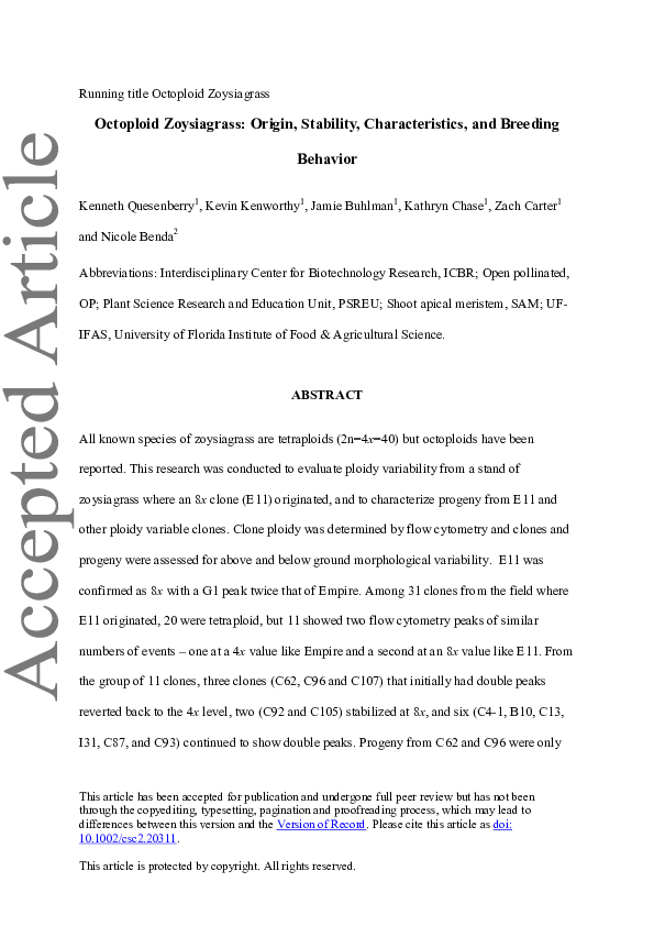 (PDF) Octoploid zoysiagrass: Origin, stability, characteristics, and ...