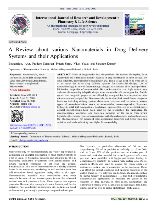 (PDF) A Review about various Nanomaterials in Drug Delivery Systems and their Applications ...