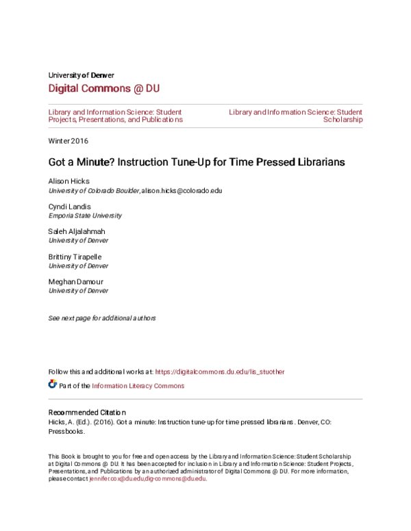 (PDF) Got a Minute? Instruction Tune-Up for Time Pressed Librarians