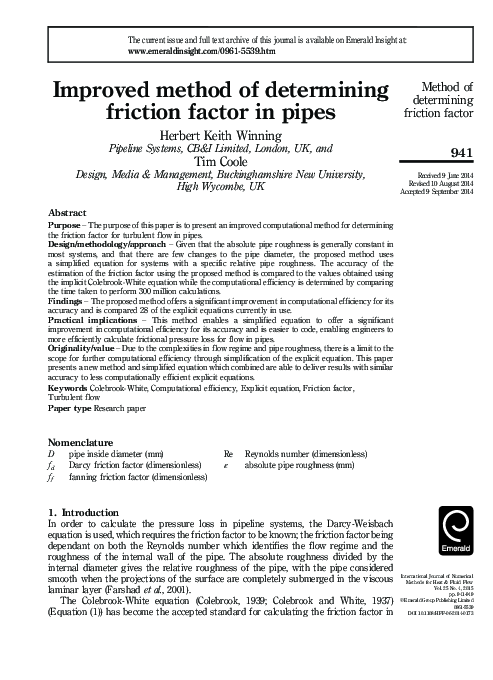 (PDF) Improved method of determining friction factor in pipes