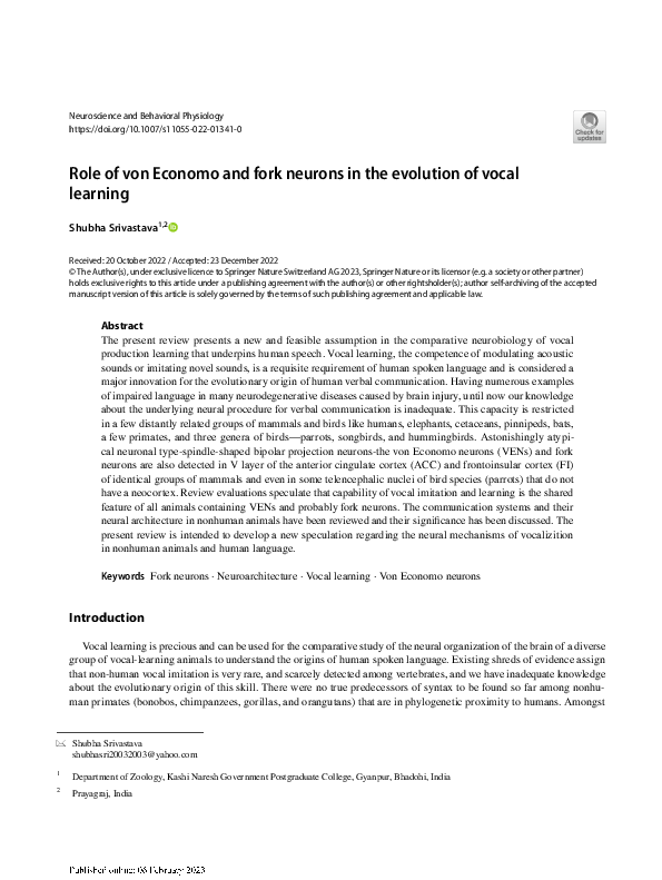 (PDF) Role of von Economo and fork neurons in the evolution of vocal ...