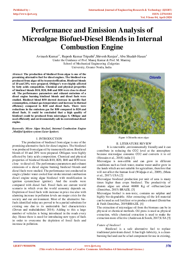 (PDF) Performance and Emission Analysis of Microalgae Biofuel-Diesel Blends in Internal ...