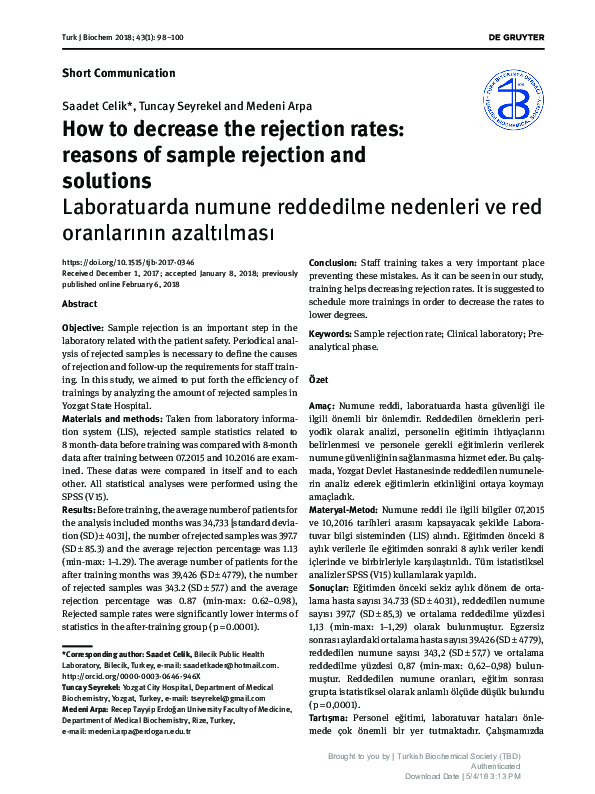 (PDF) How to decrease the rejection rates: reasons of sample rejection ...