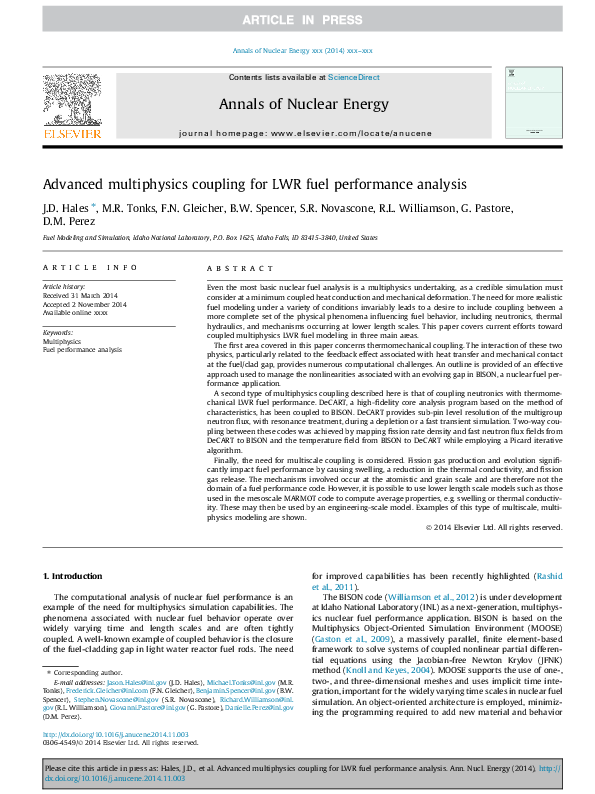(PDF) Advanced multiphysics coupling for LWR fuel performance analysis | F. Gleicher - Academia.edu