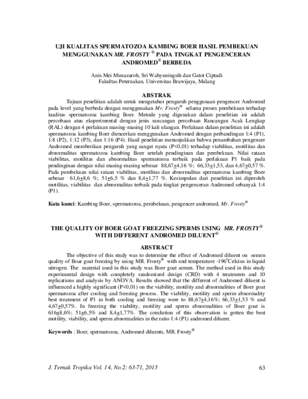 (PDF) Uji Kualitas Spermatozoa Kambing Boer Hasil Pembekuan Menggunakan ...