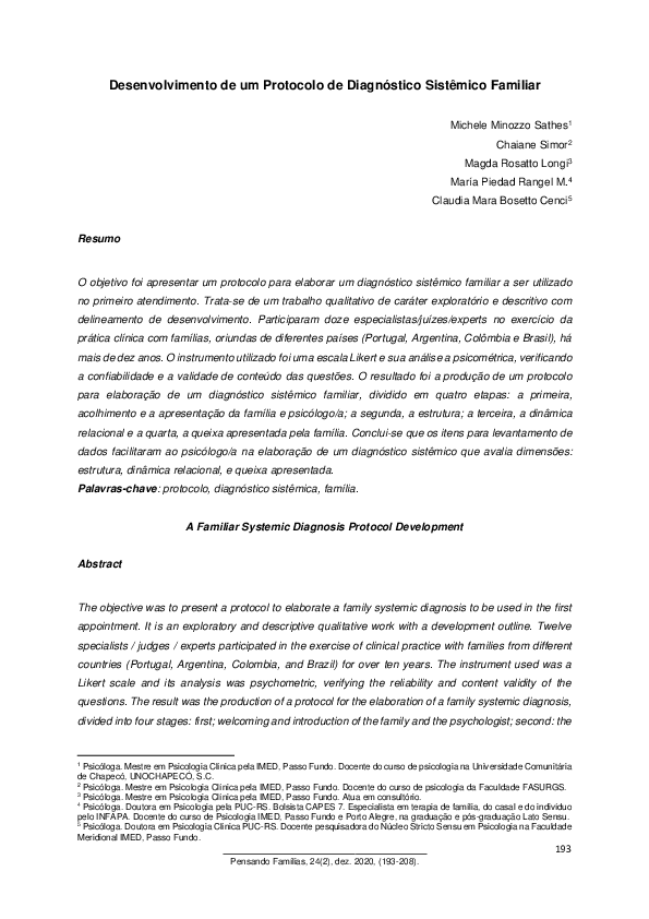 (PDF) Desenvolvimento de um protocolo de diagnóstico sistêmico familiar