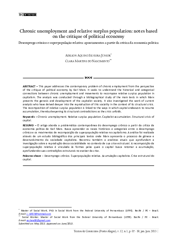 (PDF) 01. Chronic unemployment and relative surplus population: notes ...