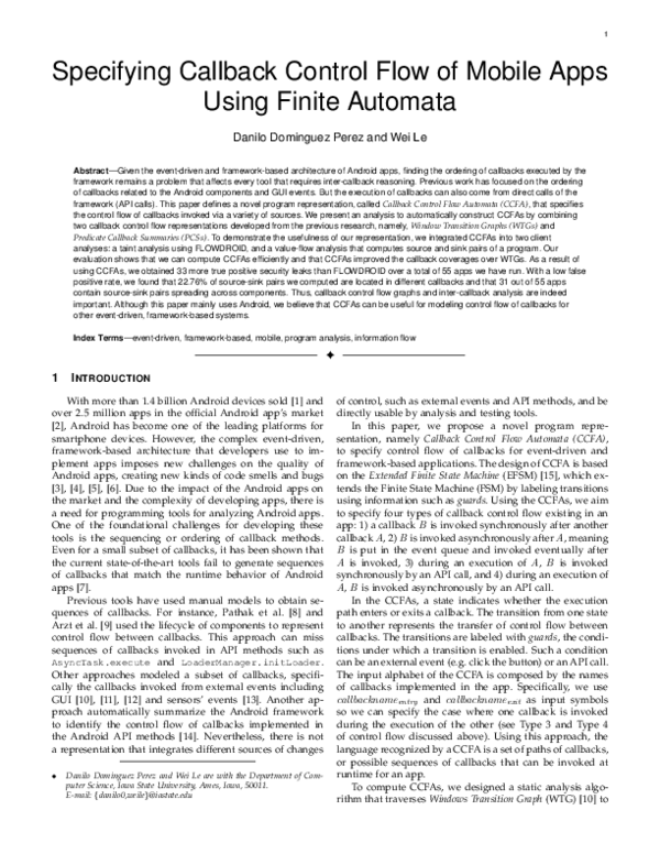 (PDF) Specifying Callback Control Flow of Mobile Apps Using Finite Automata