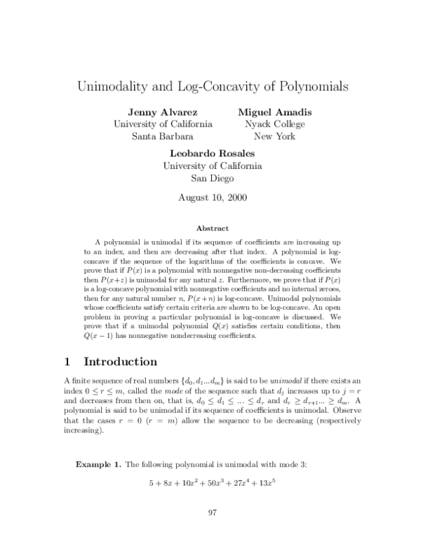 (PDF) Unimodality and Log-Concavity of Polynomials | Jenny Alvarez - Academia.edu