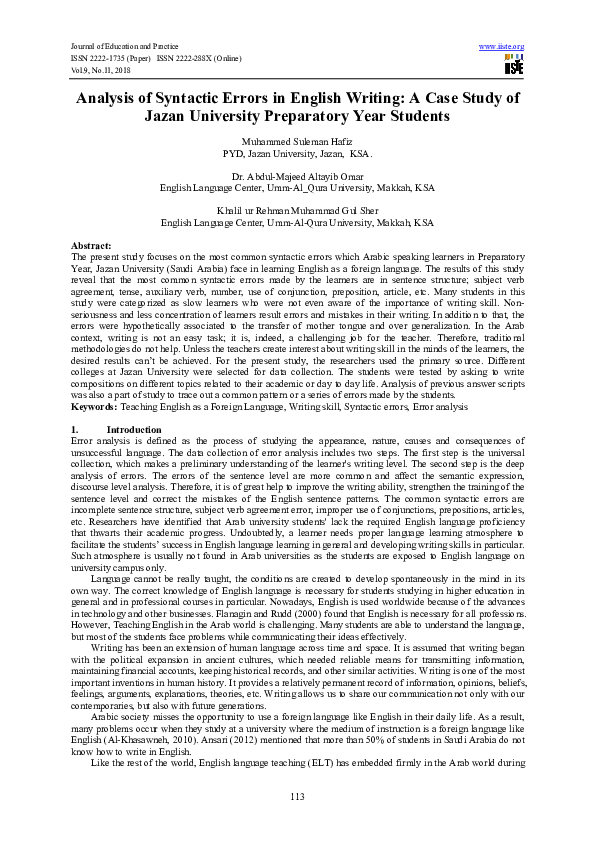 (PDF) Analysis of Syntactic Errors in English Writing: A Case Study of Jazan University ...