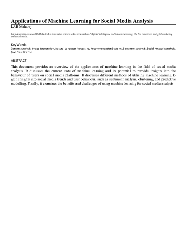 (DOC) Applications of Machine Learning for Social Media Analysis