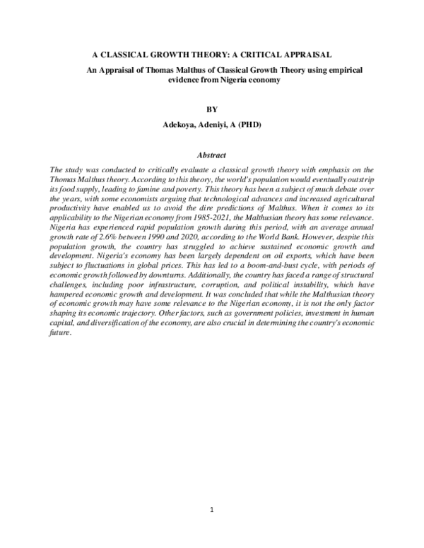 (PDF) A CLASSICAL GROWTH THEORY: A CRITICAL APPRAISAL An Appraisal of ...