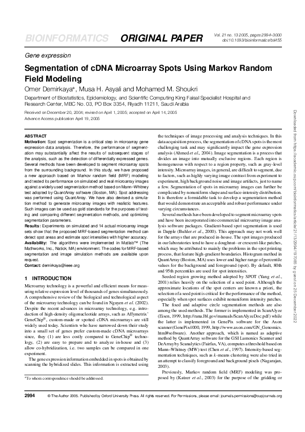 (PDF) Segmentation of cDNA Microarray Spots Using Markov Random Field Modeling