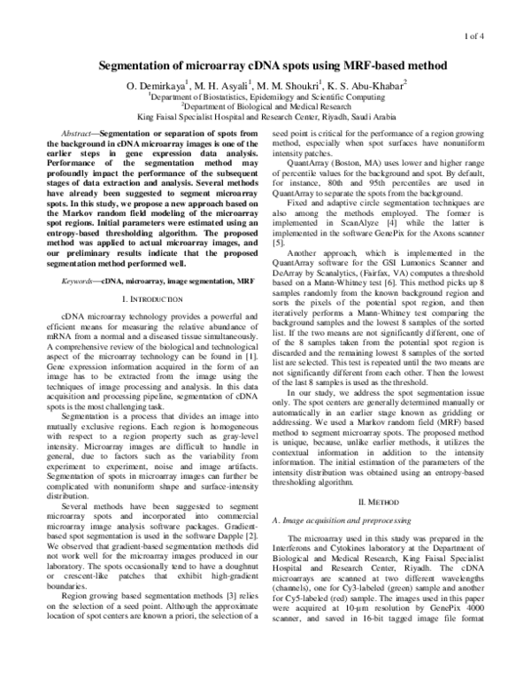 (PDF) Segmentation of microarray cDNA spots using MRF-based method