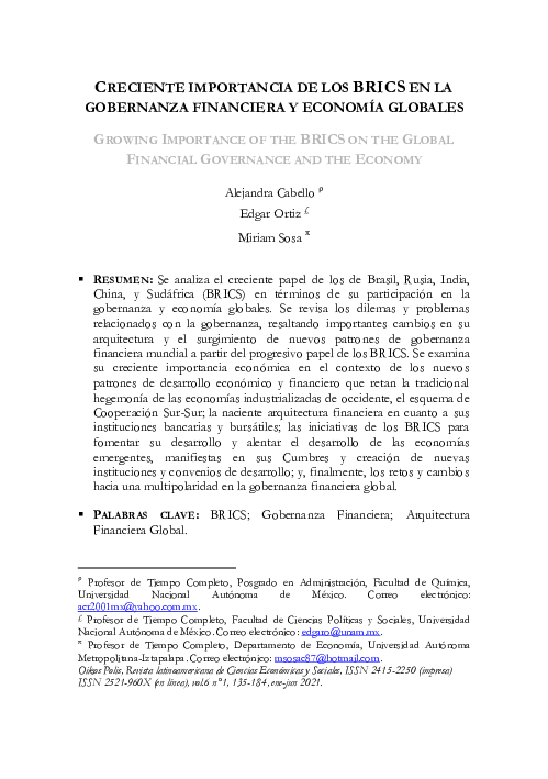 (PDF) Creciente importancia de los BRICS en la gobernanza financiera y economía globales