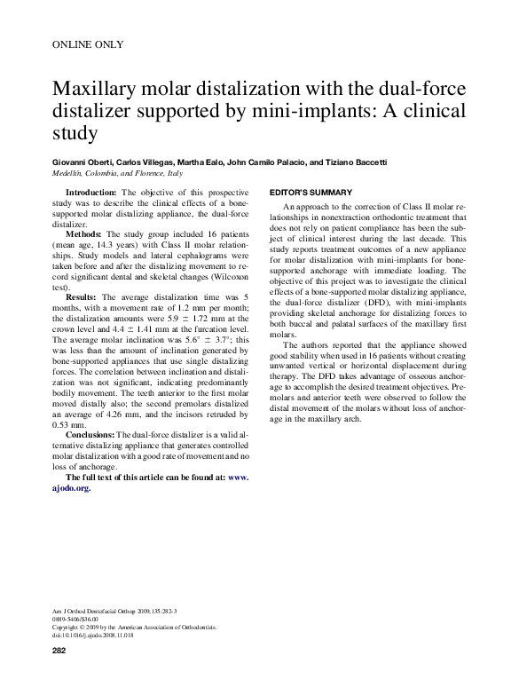 (PDF) Maxillary molar distalization with the dual-force distalizer ...