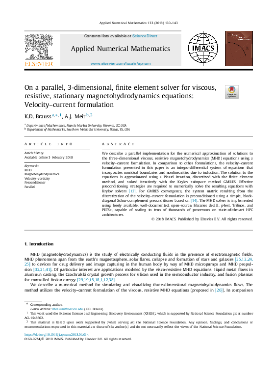 Pdf On A Parallel 3 Dimensional Finite Element Solver For Viscous Resistive Stationary 9416