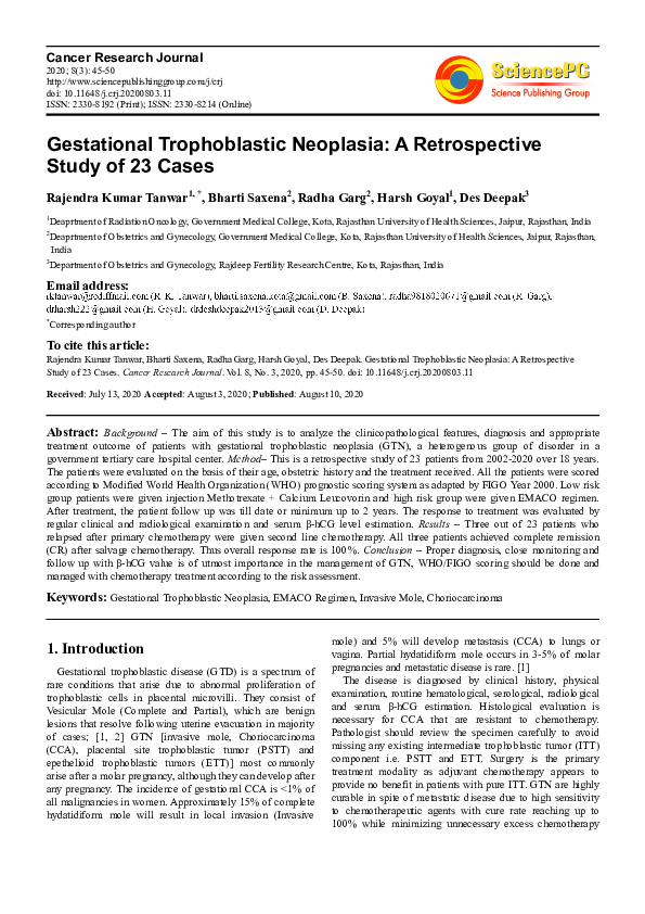 (PDF) Gestational Trophoblastic Neoplasia: A Retrospective Study of 23 ...