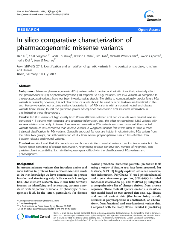 (PDF) In silico comparative characterization of pharmacogenomic missense variants