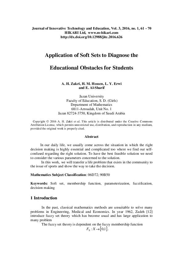 (PDF) Application of soft sets to diagnose the educational obstacles for students