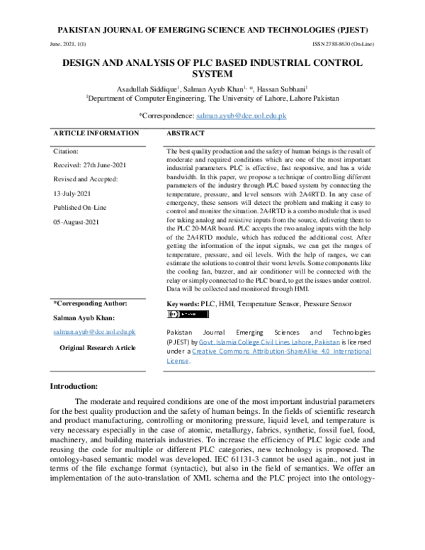 Pdf Design And Analysis Of Plc Based Industrial Control System Hassan Subhani