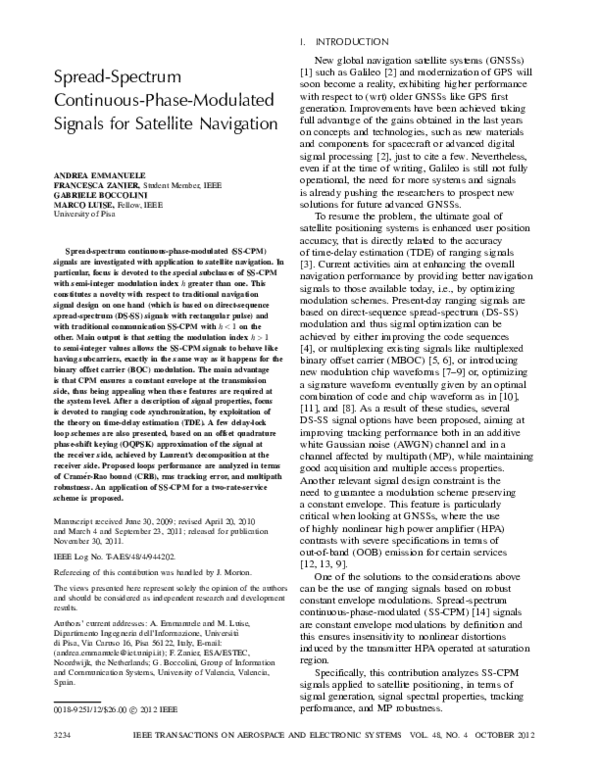 Pdf Spread Spectrum Continuous Phase Modulated Signals For Satellite Navigation