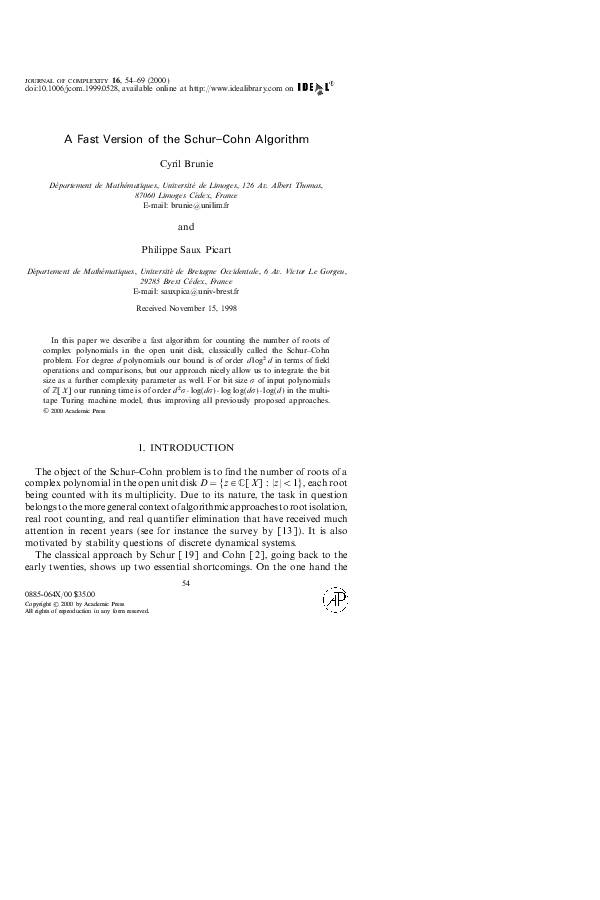 (PDF) A Fast Version of the Schur–Cohn Algorithm