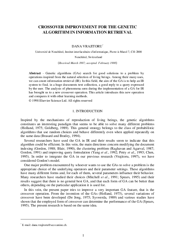 (PDF) Crossover improvement for the genetic algorithm in information retrieval