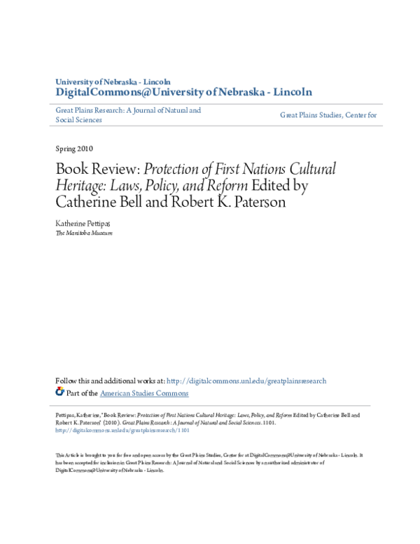 (PDF) Protection of First Nations Cultural Heritage: Laws, Policy, and ...