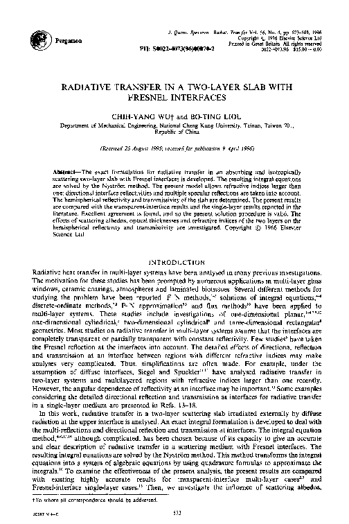 (PDF) Radiative transfer in a two-layer slab with Fresnel interfaces