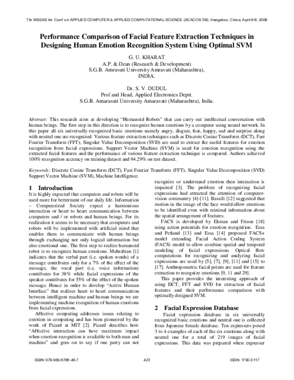 Pdf Performance Comparison Of Facial Feature Extraction Techniques In