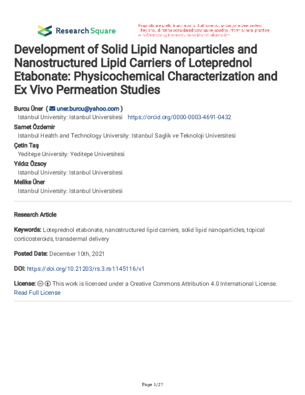 (PDF) Development of Solid Lipid Nanoparticles and Nanostructured Lipid Carriers of Loteprednol ...
