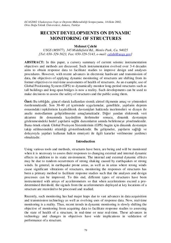 (PDF) Türkiye RECENT DEVELOPMENTS ON DYNAMIC MONITORING OF STRUCTURES