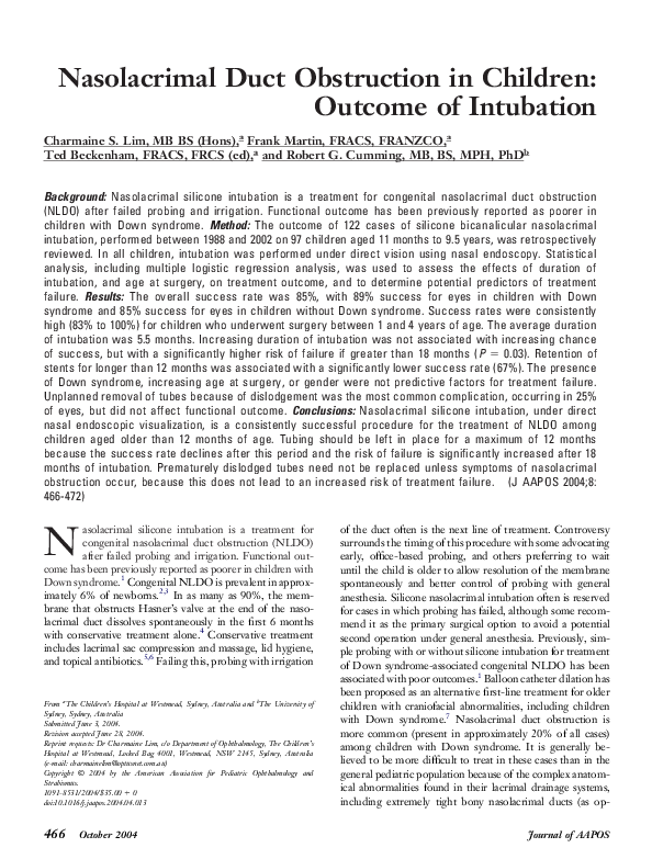 (PDF) Nasolacrimal duct obstruction in children: Outcome of intubation