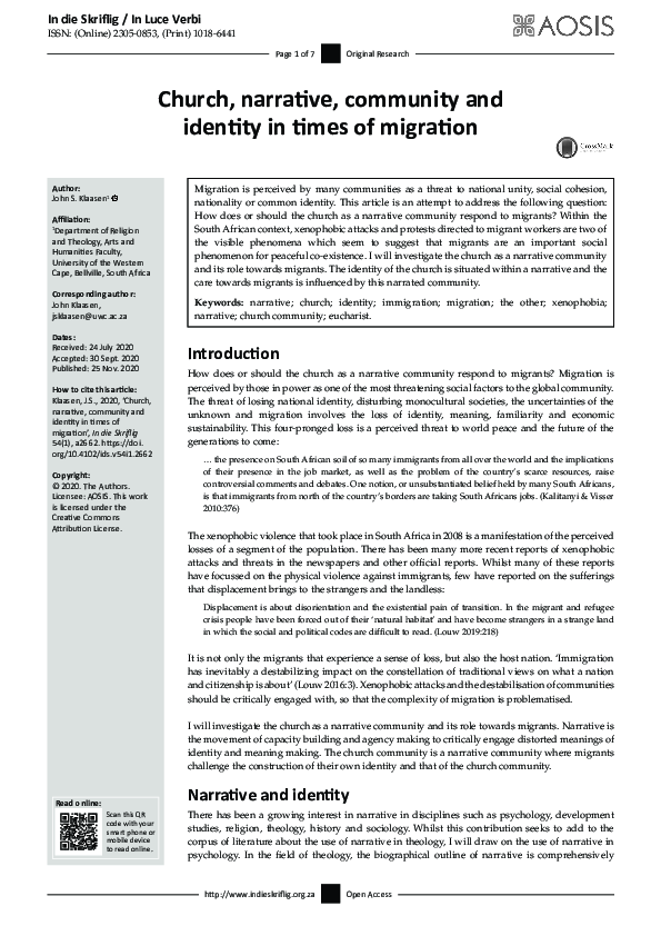 (PDF) Church, narrative, community and identity in times of migration