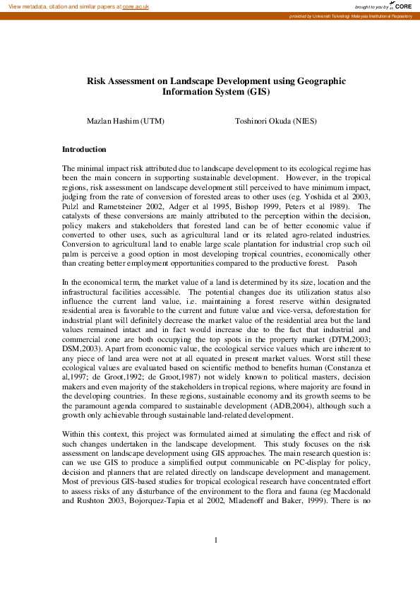 (PDF) Risk assessment on landscape development using geographic information system