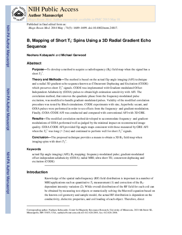 (PDF) B1 mapping of short T 2 * spins using a 3D radial gradient echo sequence