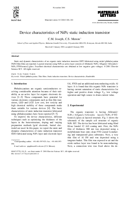 (PDF) Device characteristics of NiPc static induction transistor