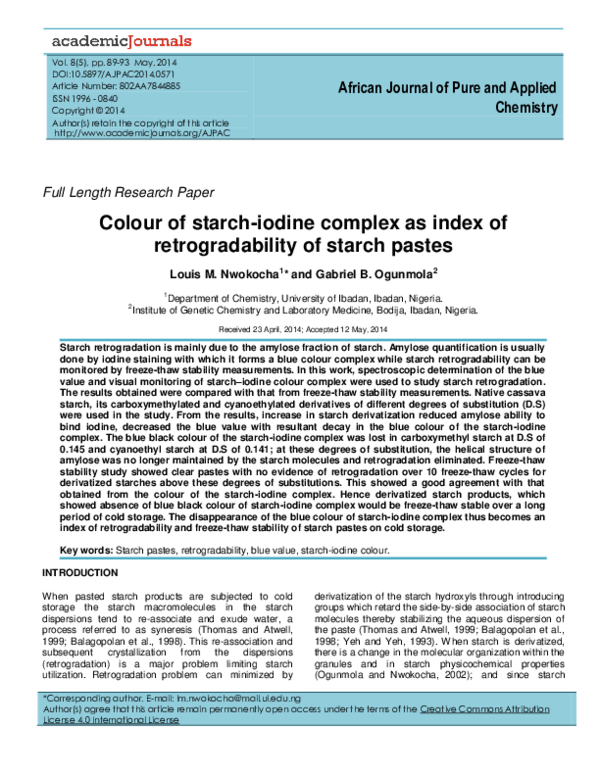 (PDF) Colour of starch-iodine complex as index of retrogradability of ...