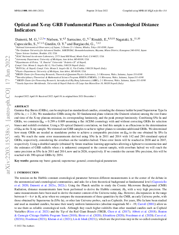 (PDF) Optical and X-ray GRB Fundamental Planes as cosmological distance ...
