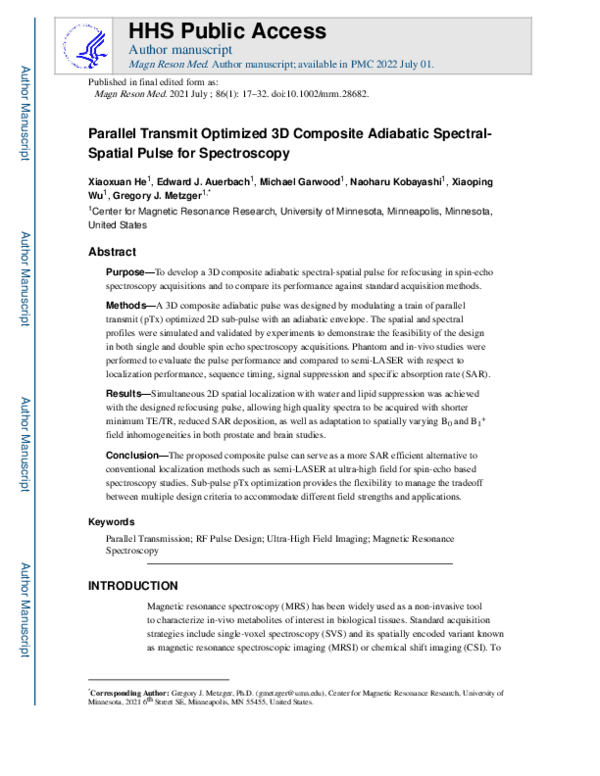 (PDF) Parallel transmit optimized 3D composite adiabatic spectral‐spatial pulse for spectroscopy