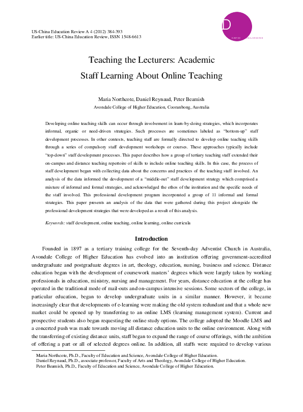(PDF) Teaching the Lecturers: Academic Staff Learning About Online Teaching