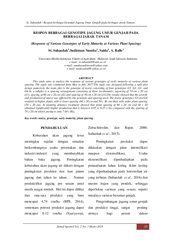 (PDF) Respon Berbagai Genotipe Jagung Umur Genjah Pada Berbagai Jarak Tanam