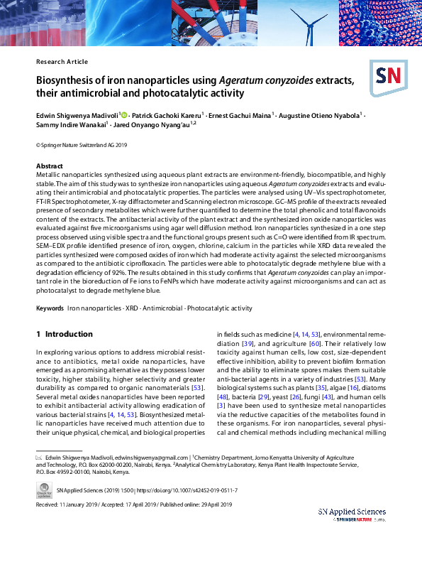 (PDF) Biosynthesis of iron nanoparticles using Ageratum conyzoides extracts, their antimicrobial ...