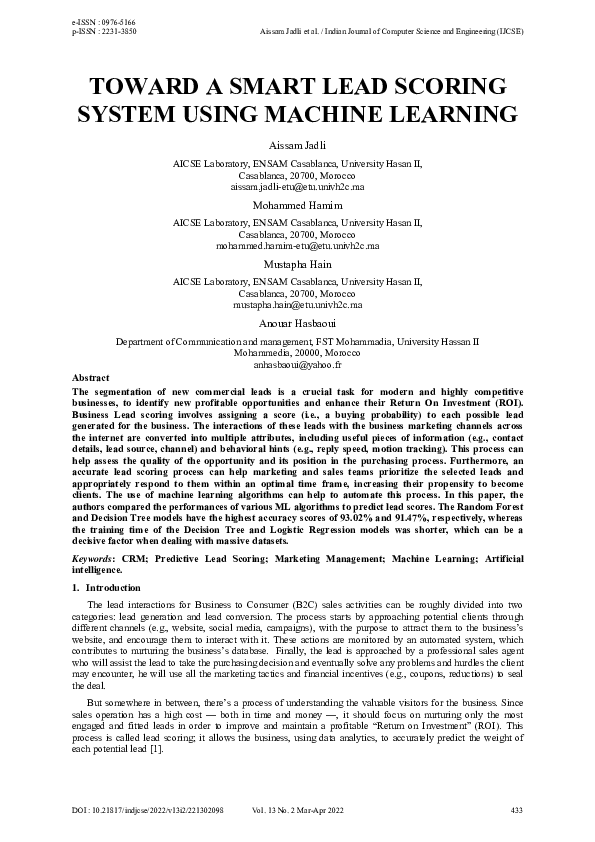 (PDF) Toward a Smart Lead Scoring System Using Machine Learning