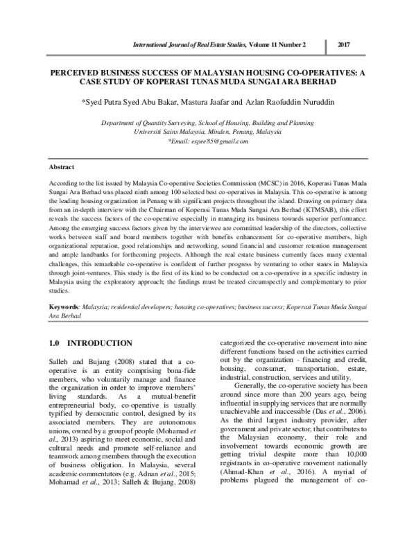 (PDF) Perceived Business Success of Malaysian Housing Co-Operatives: A Case Study of Koperasi