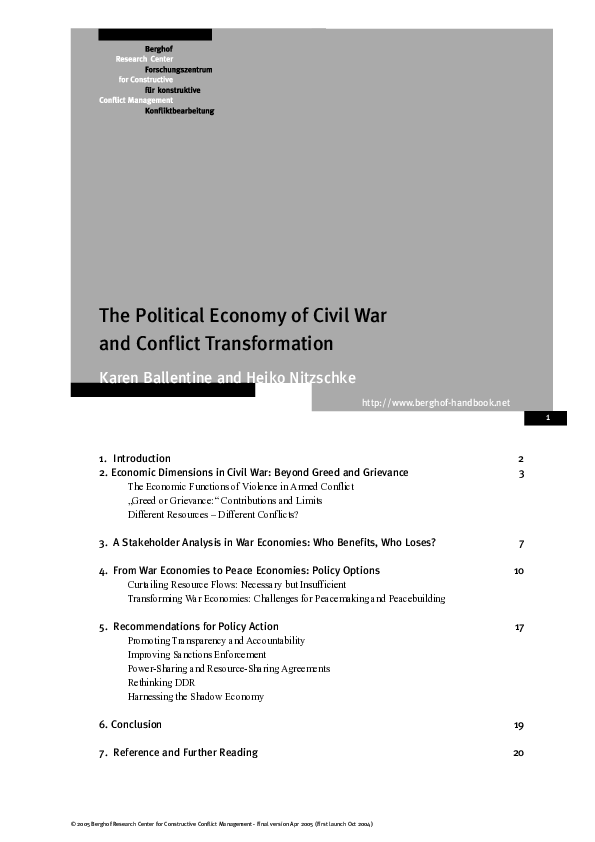 (PDF) The political economy of civil war and conflict transformation