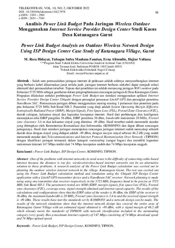 (PDF) Analisis Power Link Budget Pada Rancangan Jaringan Wireless Outdoor Menggunakan ISP Design ...