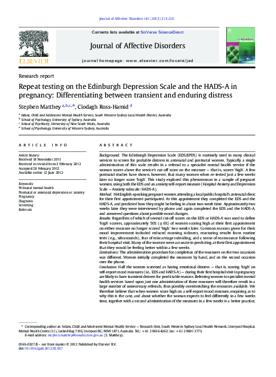 (PDF) Repeat testing on the Edinburgh Depression Scale and the HADS-A ...